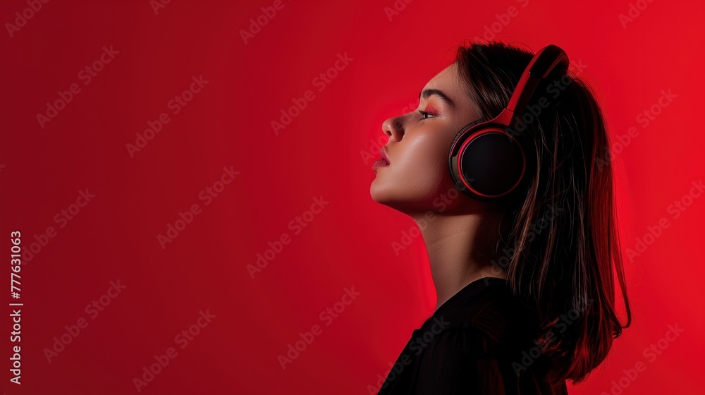 A stunning girl casting a glance sideways, headphones adorning her head ...