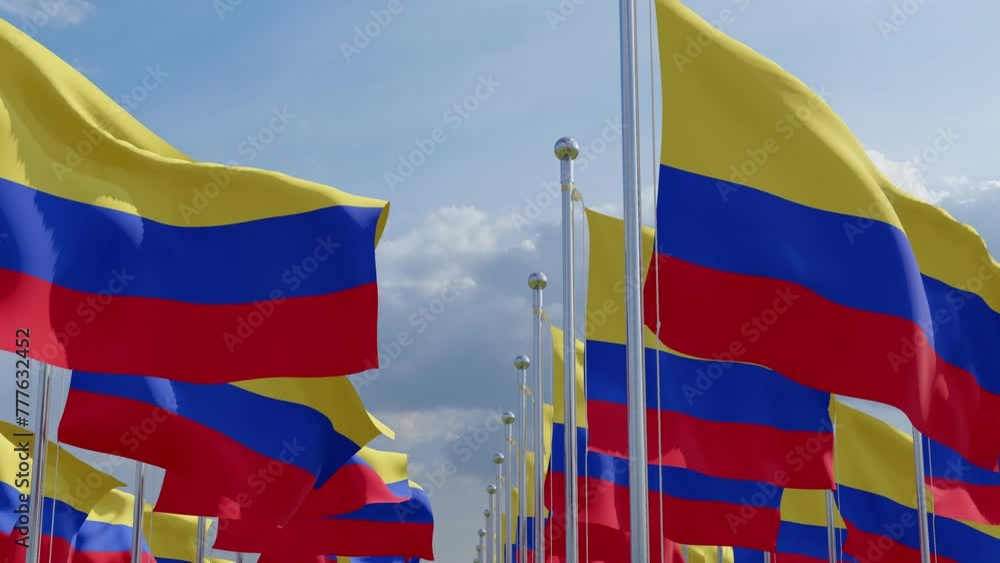 Colombia national flags waving in beautiful clouds. 3D rendering ...