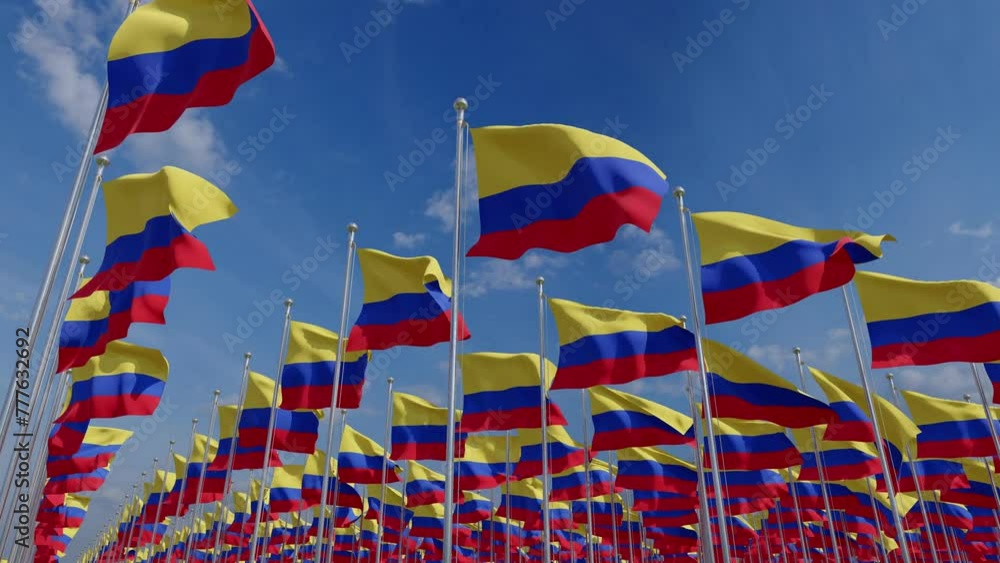 Colombia national flags waving in beautiful clouds. 3D rendering ...