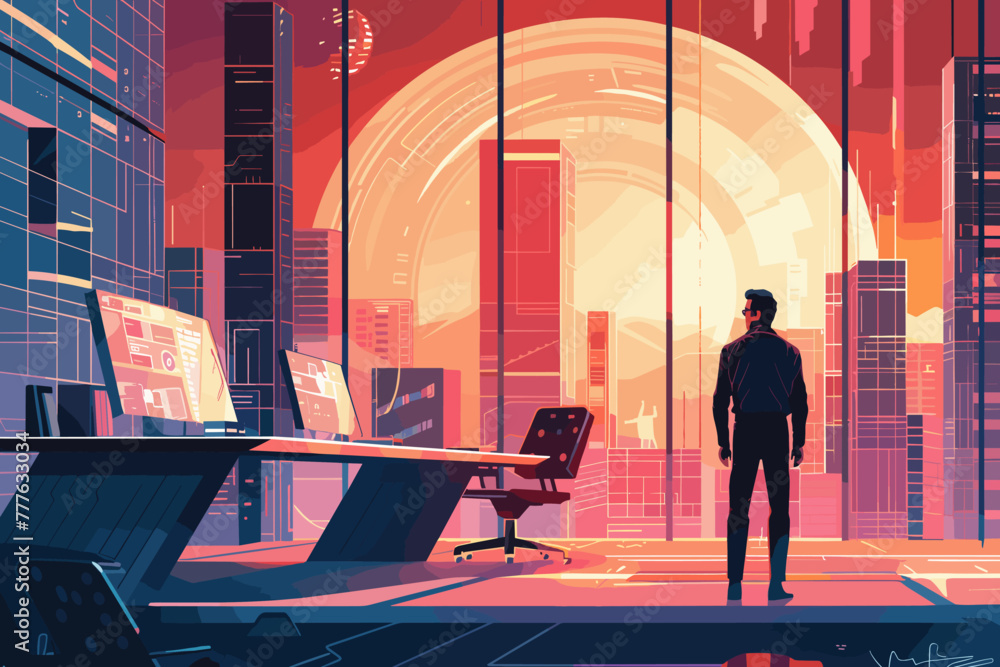 Vetor de Visionary businessman explores a futuristic office setting ... Vetor de Visionary businessman explores a futuristic office setting ...