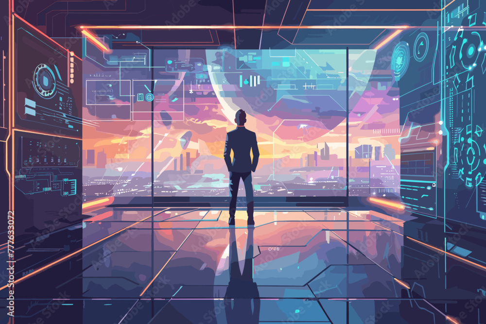 Vetor de Visionary businessman explores a futuristic office setting ... Vetor de Visionary businessman explores a futuristic office setting ...