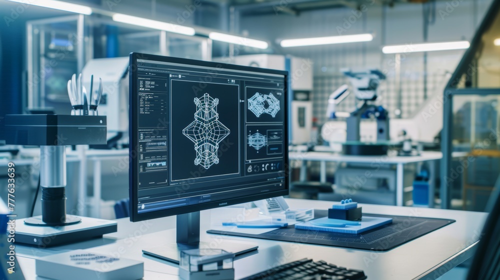 An automated workstation with a robotic arm and a computer screen ...