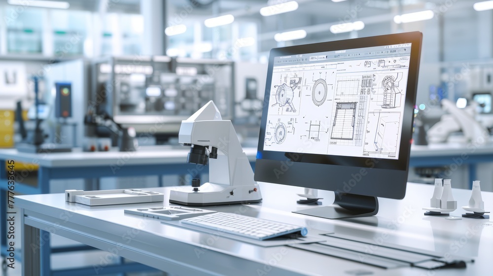 An automated workstation with a robotic arm and a computer screen ...