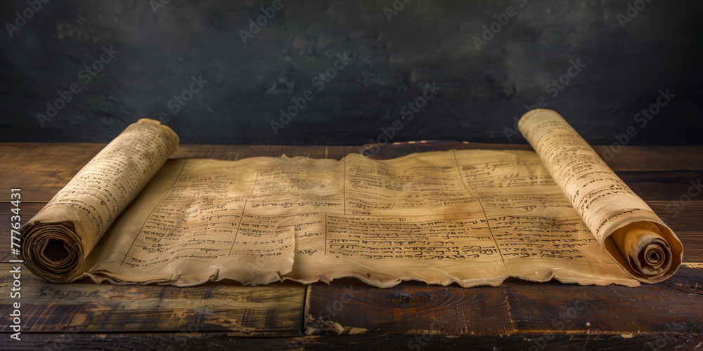 Opened unrolled scroll on a wood surface. The Torah, also known as the ...