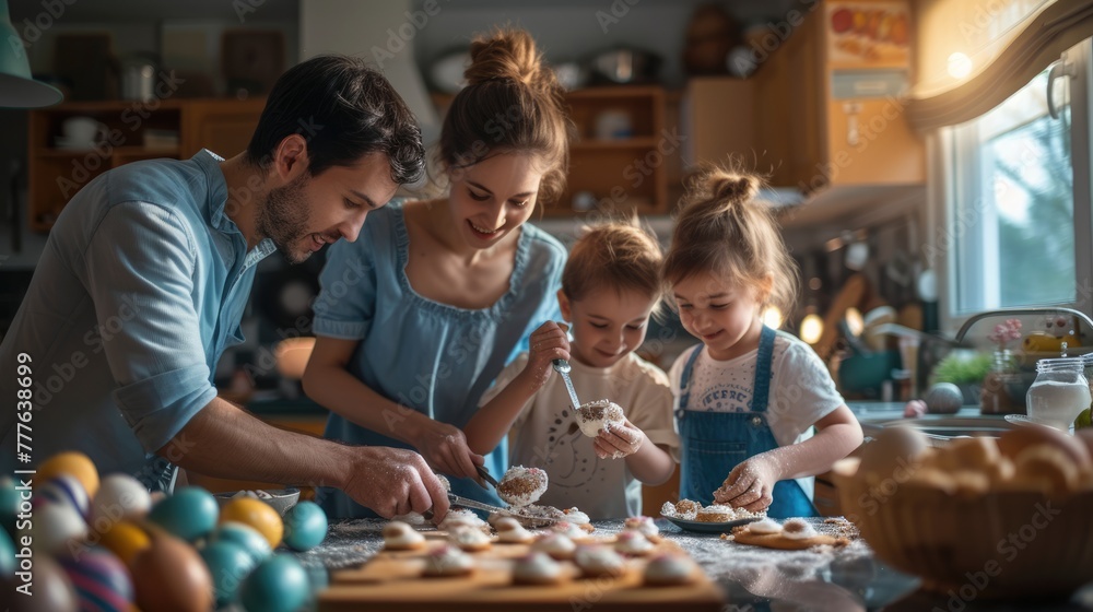 Overjoyed young family with little daughter doing bakery in kitchen ...