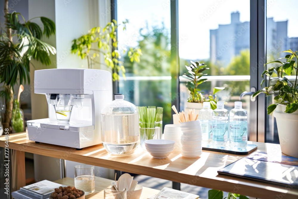 Office space with biophilic green plants and eco tech water ...