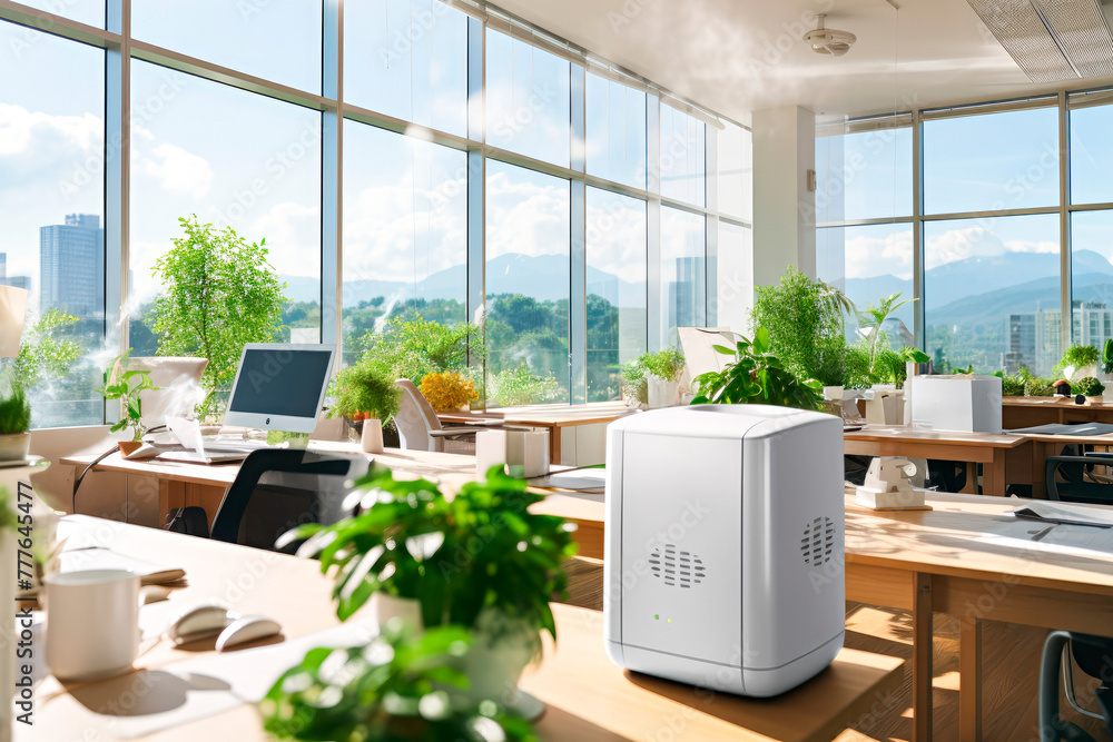 Air humidifiers in sunlit office space emphasize eco-conscious living ...