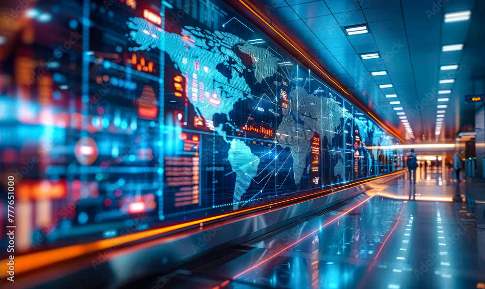 Futuristic airport corridor with interactive world map display ...