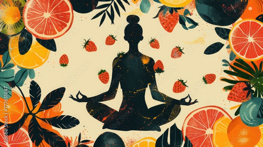 Watercolor scene of a person in lotus pose amid vibrant fruits and ...