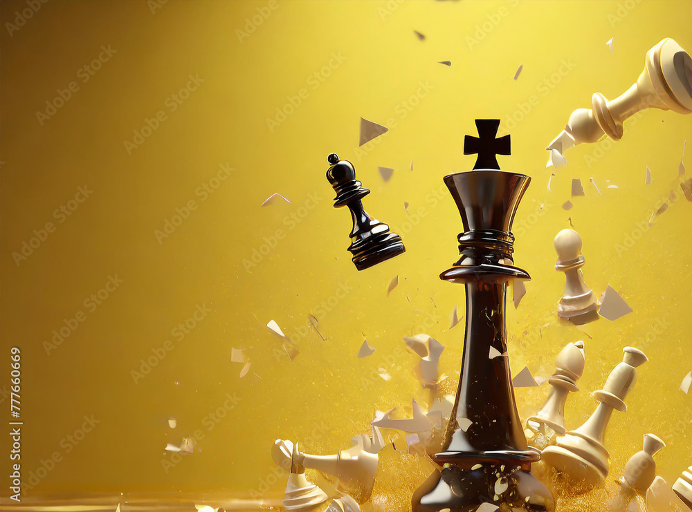3d rendering image of a king chess smashing the other chess pieces in ...