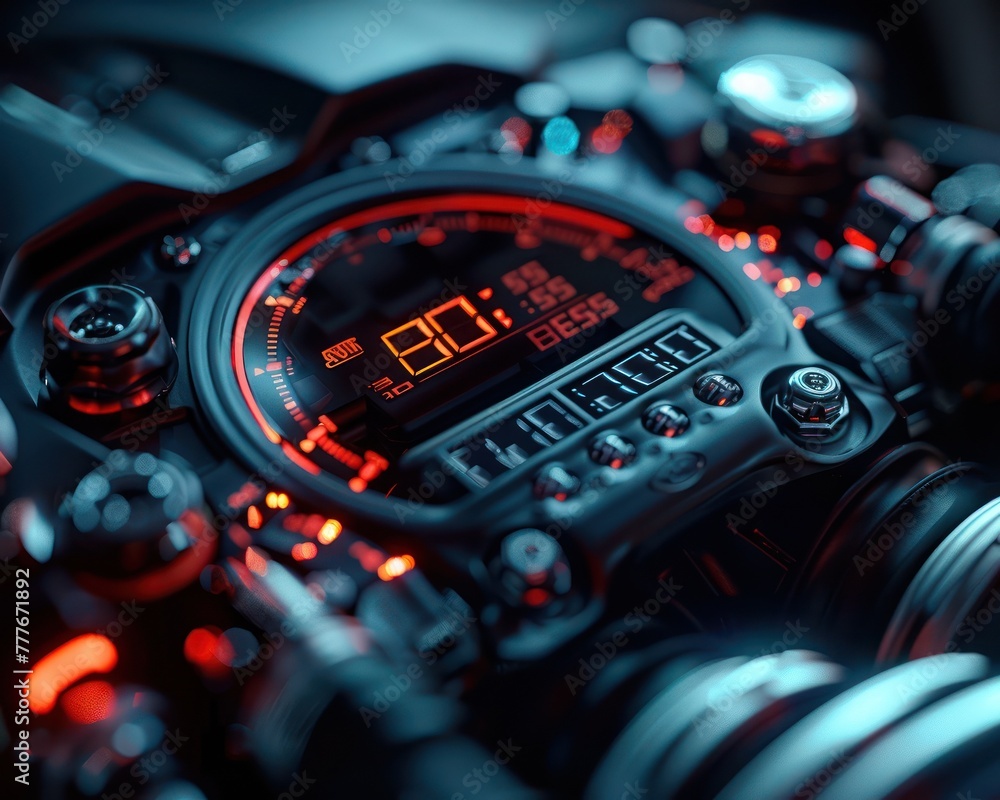 Close-up of a digital RPM gauge appearing as a hologram next to the ...