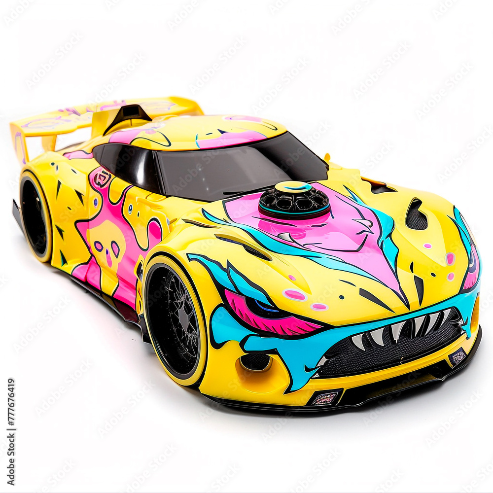 Toy sports car painted with a monster face. The car is yellow with pink ...