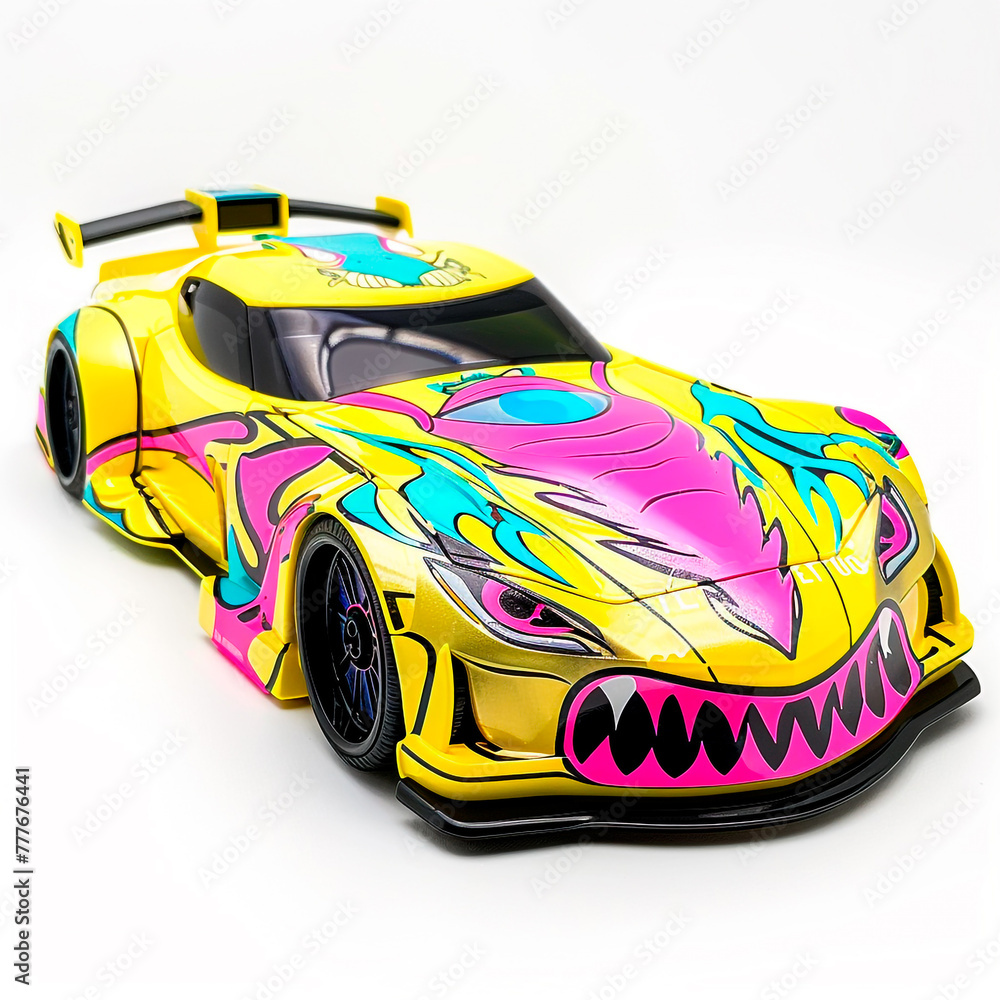 Toy sports car painted with a monster face. The car is yellow with pink ...