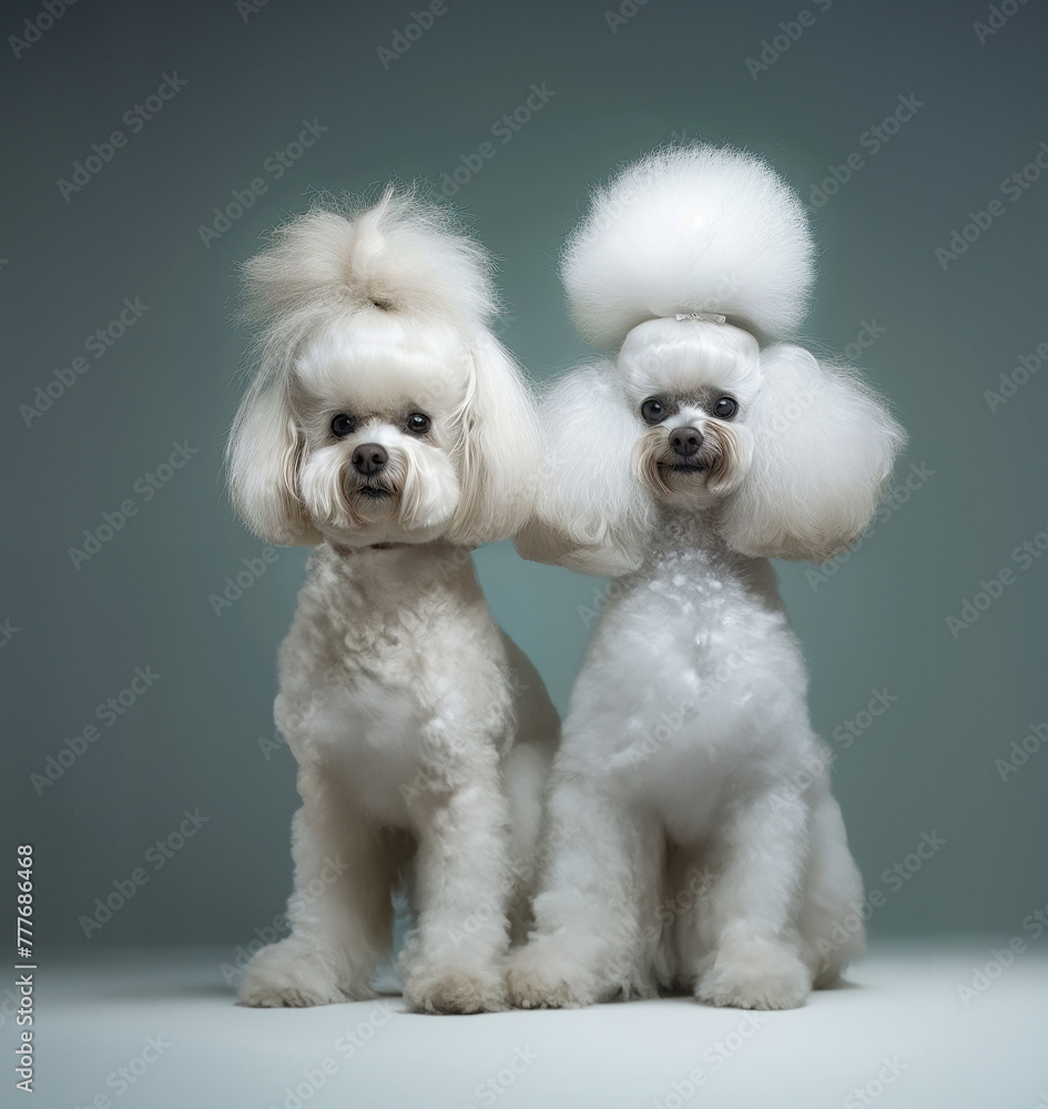Elegant white poodles stand together, flaunting their carefully groomed ...