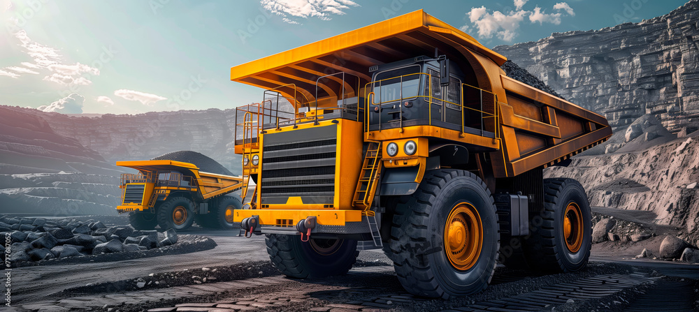 Titans of the Mine. Towering yellow mining trucks haul ore against the ...