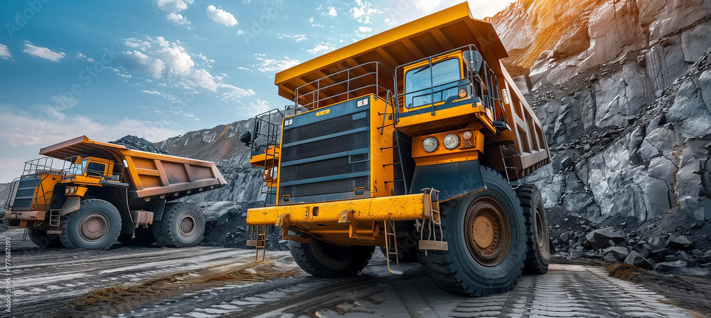 Massive Haul Trucks Operating in an Open-Pit Mine. Gigantic yellow haul ...