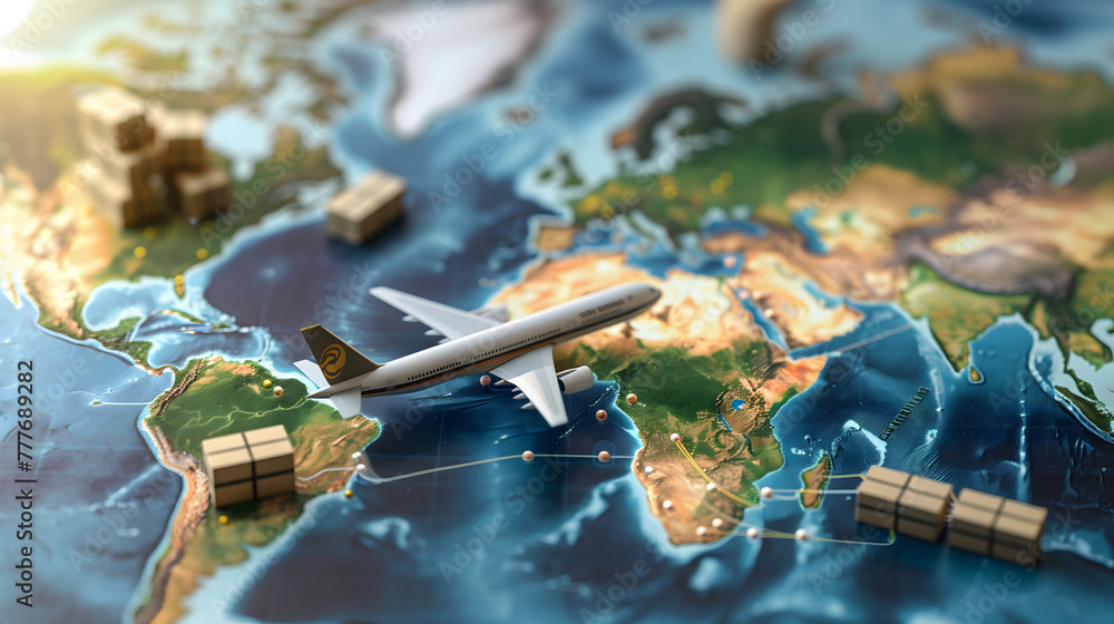 a plane flying around the world with cardboard boxes on it. On top is a ...