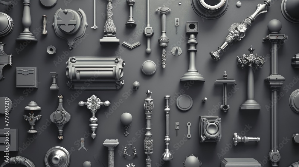 Monochrome assortment of furniture parts on a dark backdrop. Diverse ...