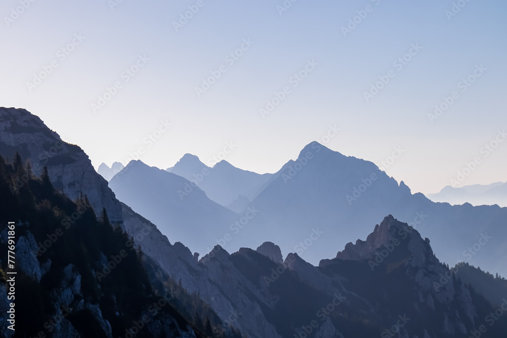 Scenic view of mountain peak Veliki Vrh in majestic Kamnik-Savinja Alps ...