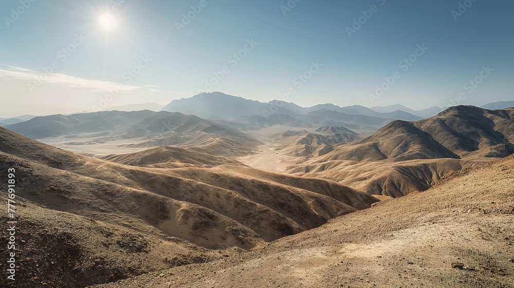 Desert hills under scorching sun, midday, sharp shadows, wide lens ...