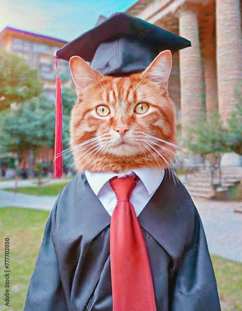 Orange Tabby Cat Dressed for Graduation in Black Cap and Gown on Sunny ...