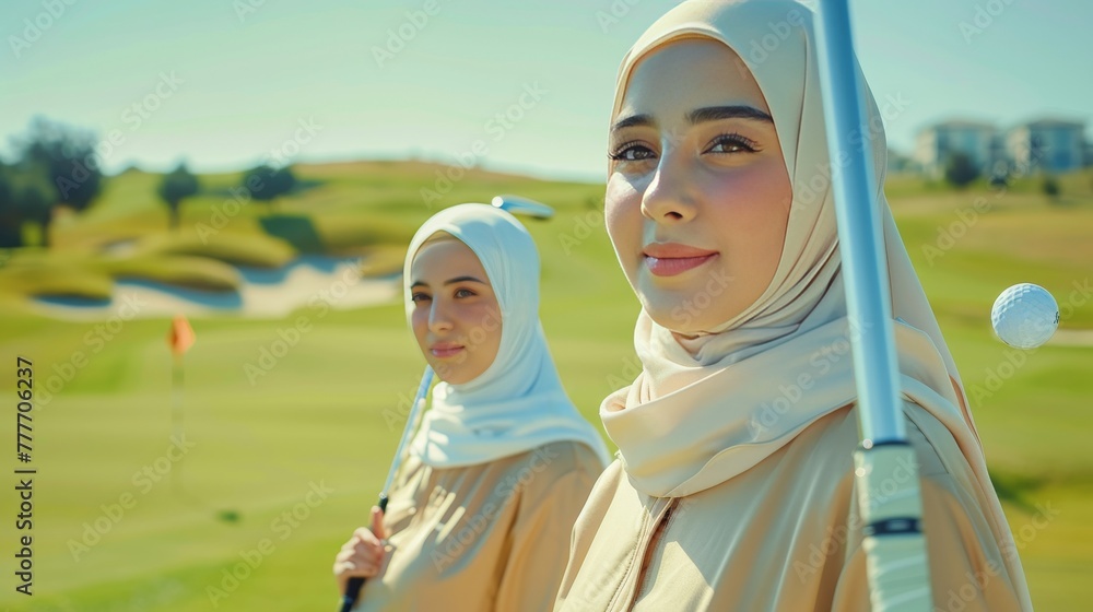 Two Muslim women in hijab wearing white and tan clothing are standing on a golf course. One of ...