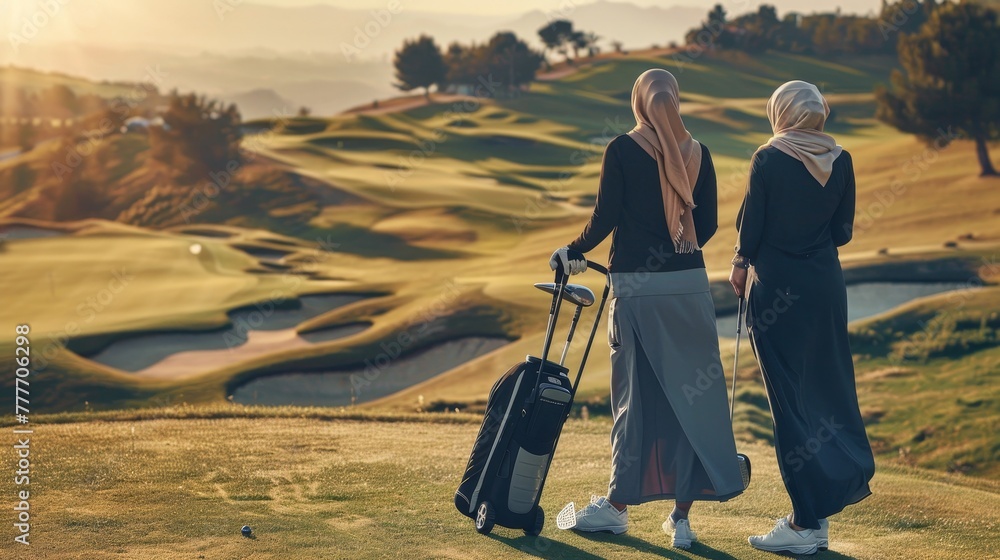Two Muslim women in hijab are walking on a golf course, one of them is ...