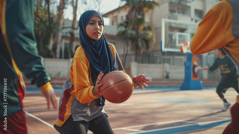 Three young Muslim women in hijab are playing basketball on a court ...