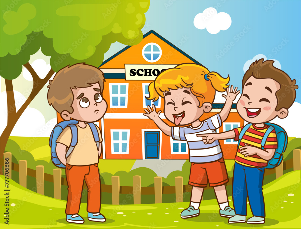 vector illustration of angry kids bullying their weak peers.Kids are ...