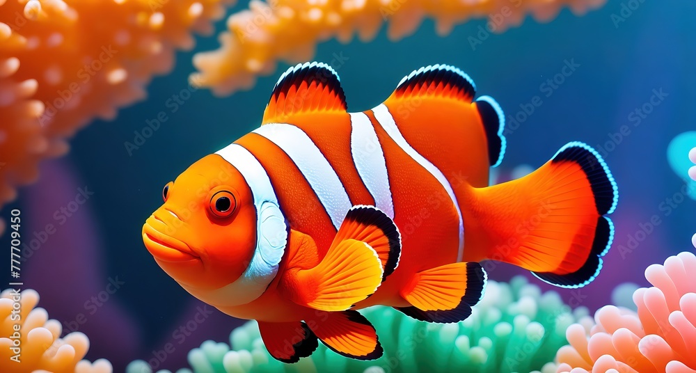 A clownfish swimming in an underwater environment with coral and other ...