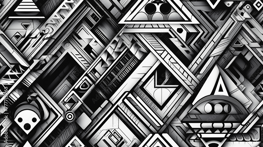 black and white geometric pattern, triangular shapes, intricate ...