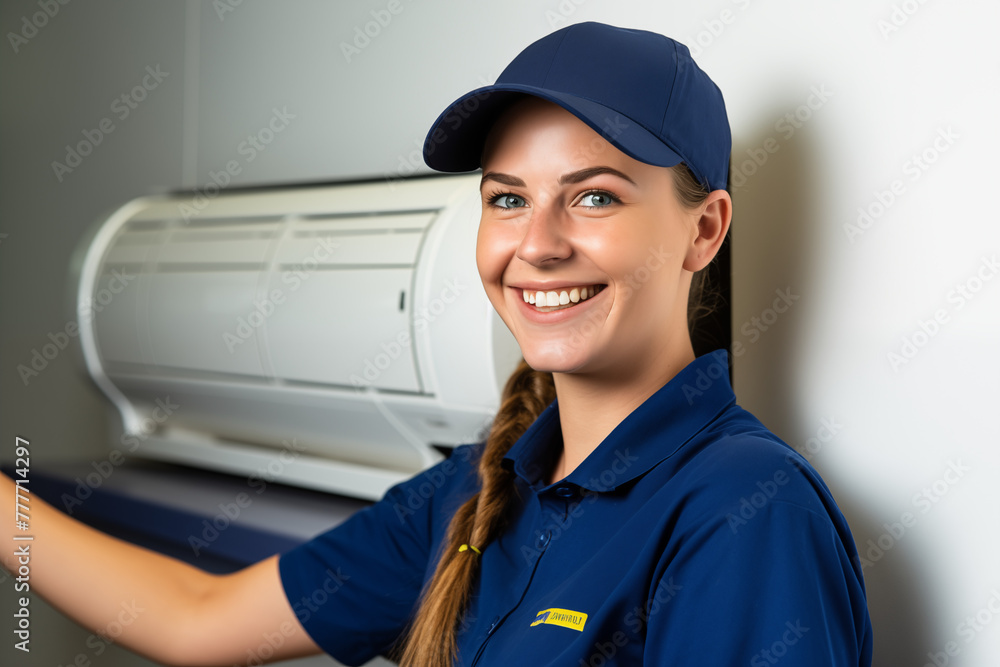 Cute female technician installing air conditioner expert HVAC worker ...