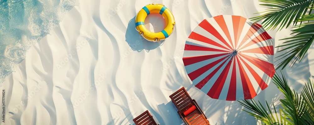 An inviting vacation setting showing a red-striped umbrella, wooden ...