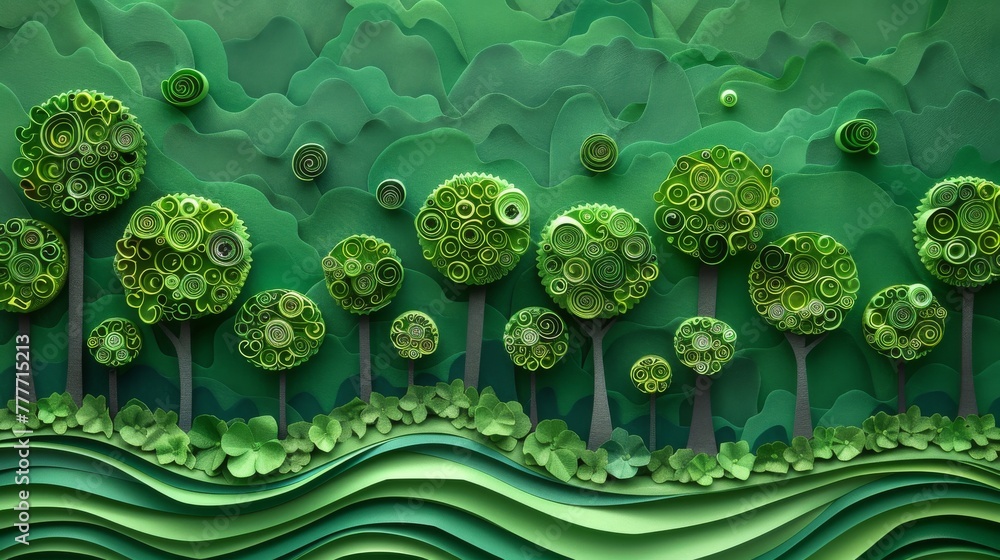 quilling art landscape of a reforestation area, showing young trees and ...