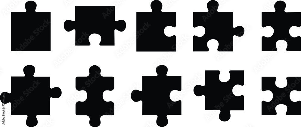 Puzzle pieces black set isolated on transparent background. Vector flat ...