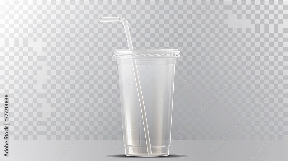 Vector realistic 3d empty clear plastic disposable cup with a straw closeup isolated on ...