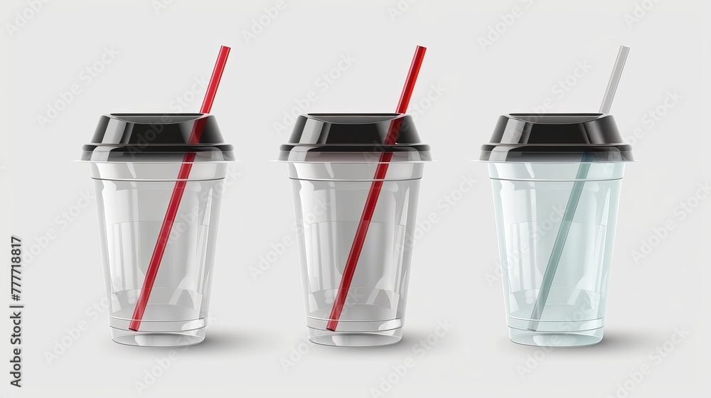 Vector realistic 3d empty clear plastic disposable cup with a straw set closeup isolated on ...