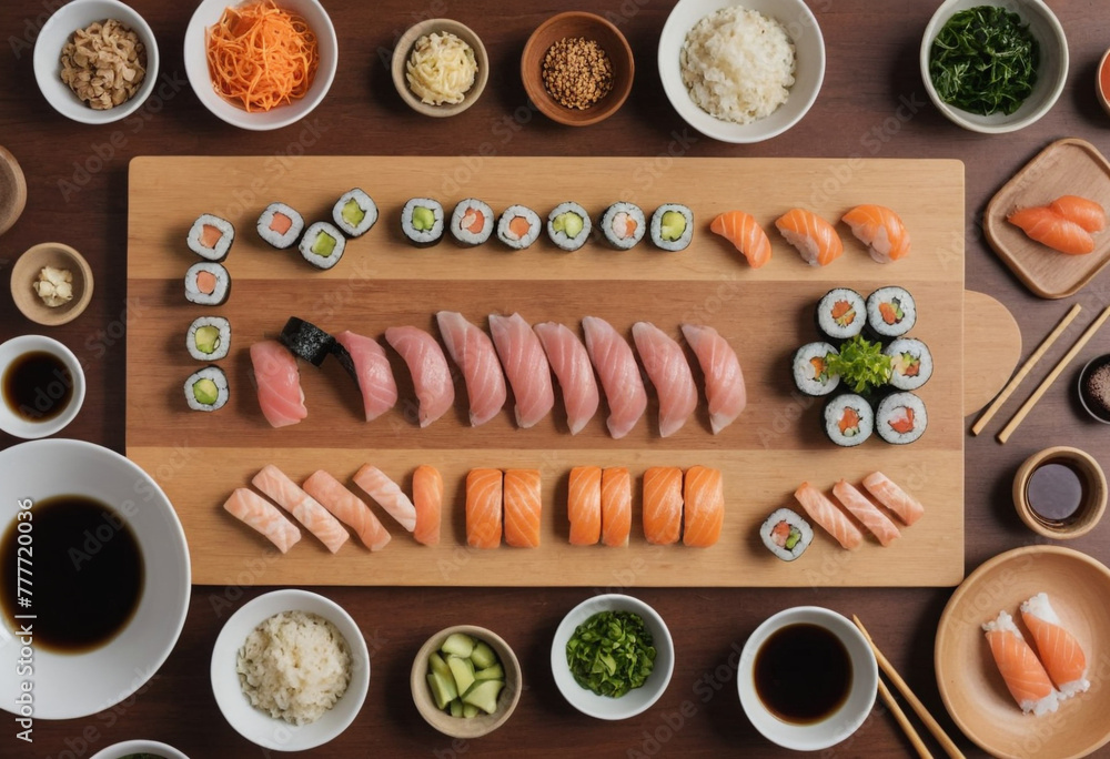 bird's eye view of wooden countertop with sushi making materials and ...