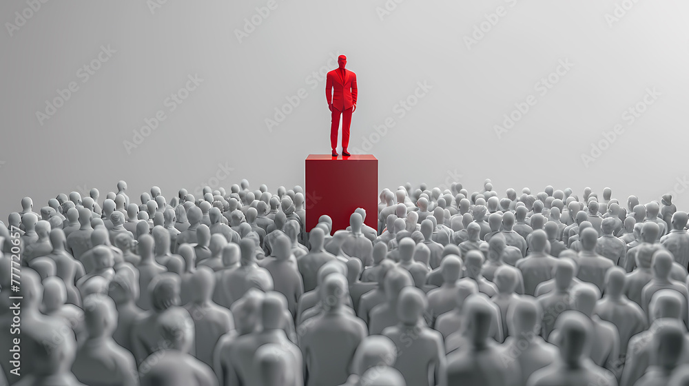3d rendering of one red 3d man in the middle of many white ones ...
