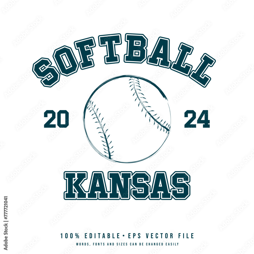 Kansas softball logo vector, text effect vector. Editable college t ...
