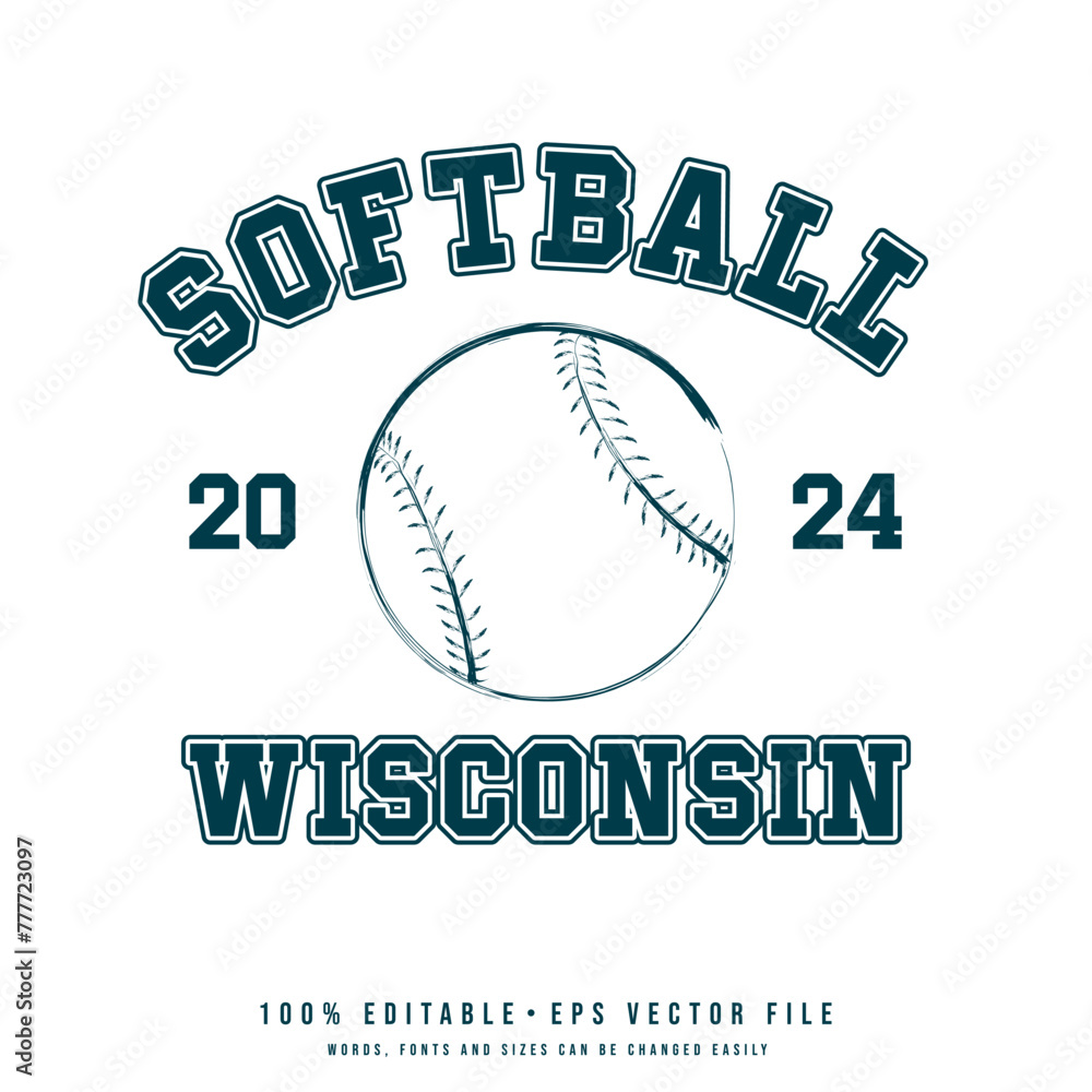 Wisconsin softball logo vector, text effect vector. Editable college t ...