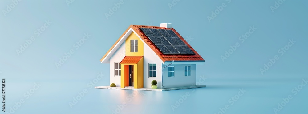 Simple isometric smart home with solar roof panels, isolated against a ...