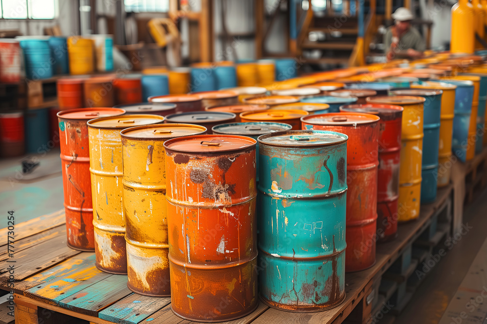 A cluster of barrels arranged neatly on a wooden pallet in an ...