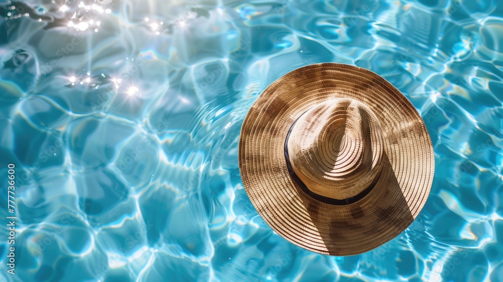Straw hat floating on clear, shimmering blue pool water with sunlight ...