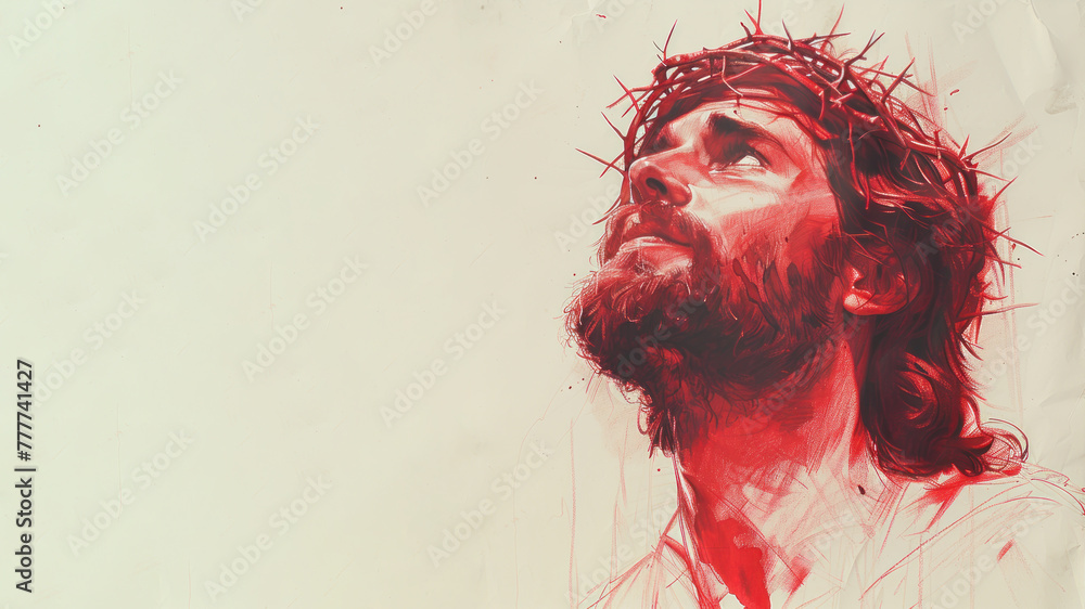 Red watercolor of A man with long hair and beard resembling Jesus ...