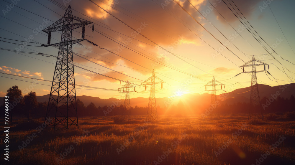 Full length photo high-voltage power lines at sunset, high voltage ...