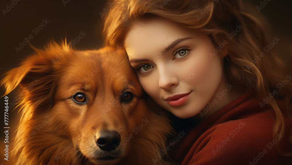 Beautiful red head woman posing with a dog. Woman posing happy with her ...