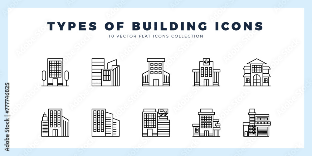 10 Types of Building Lineal icon pack. vector illustration. Stock ...