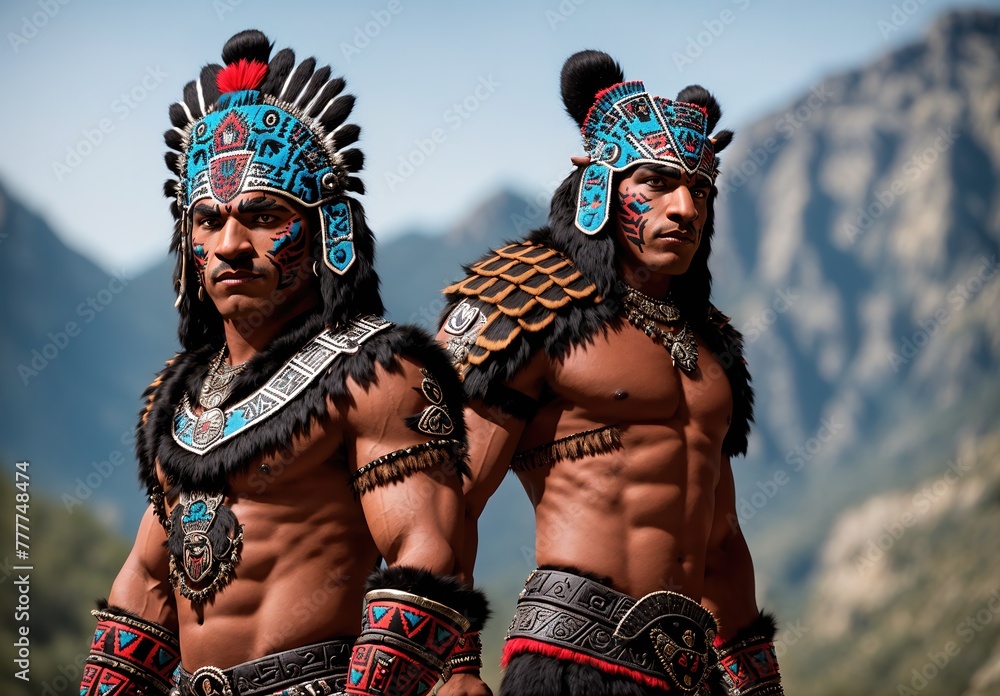 Two men dressed in traditional Native American clothing, one with a ...