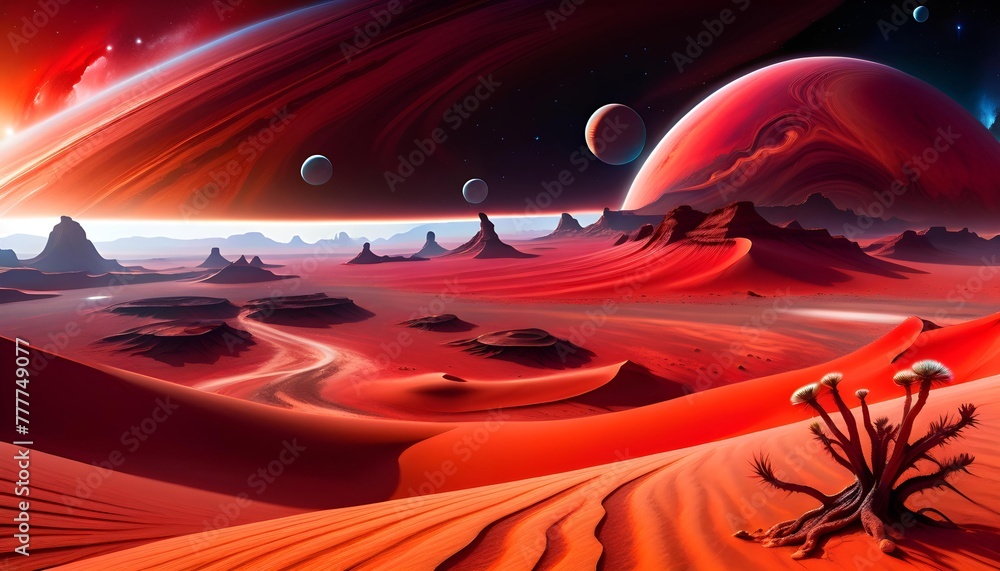 Surreal alien landscape with red sand dunes, bizarre rock formations ...
